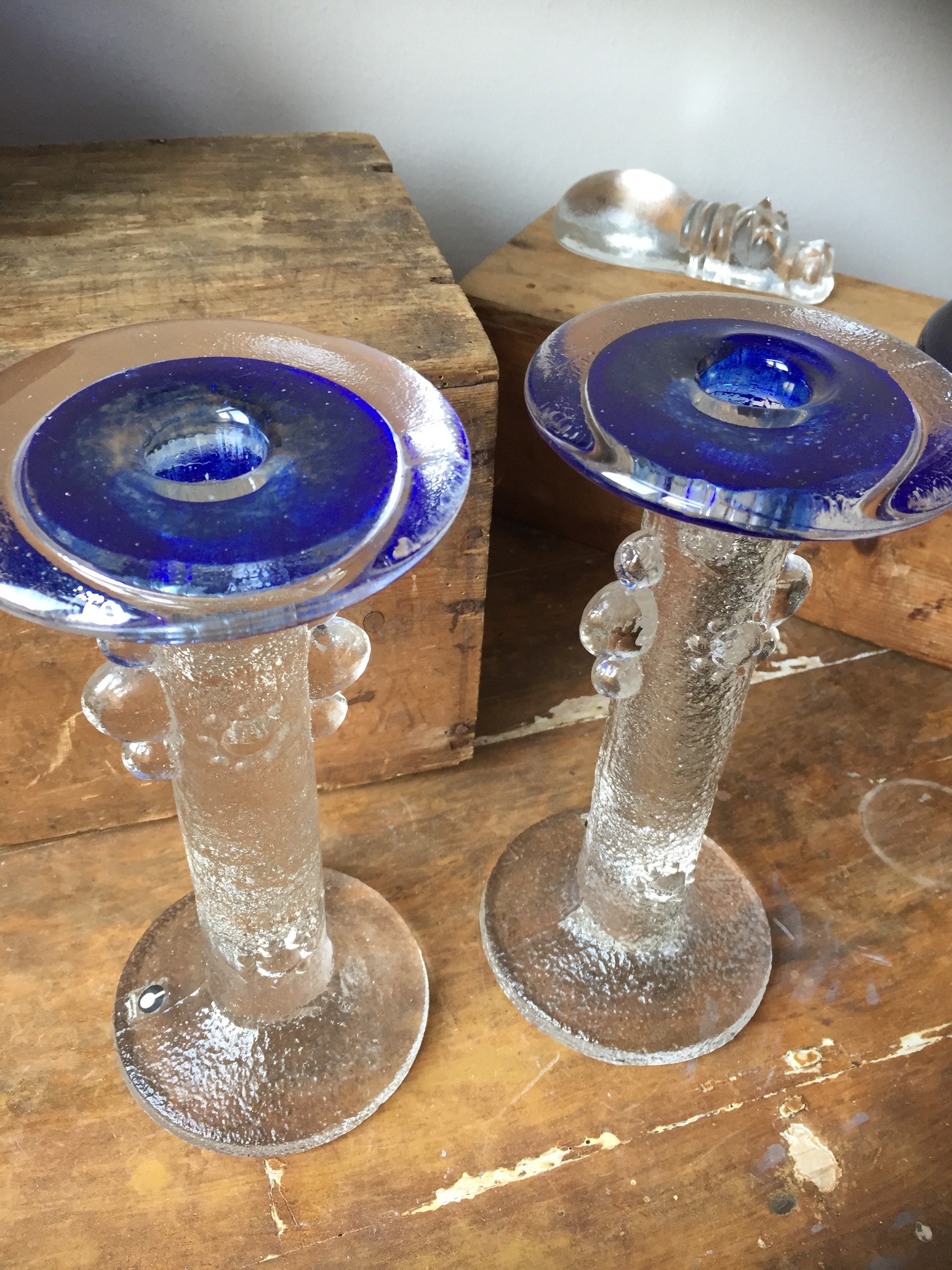 Vintage crystal blue glass pair candle holders Ice sculpture texture ...