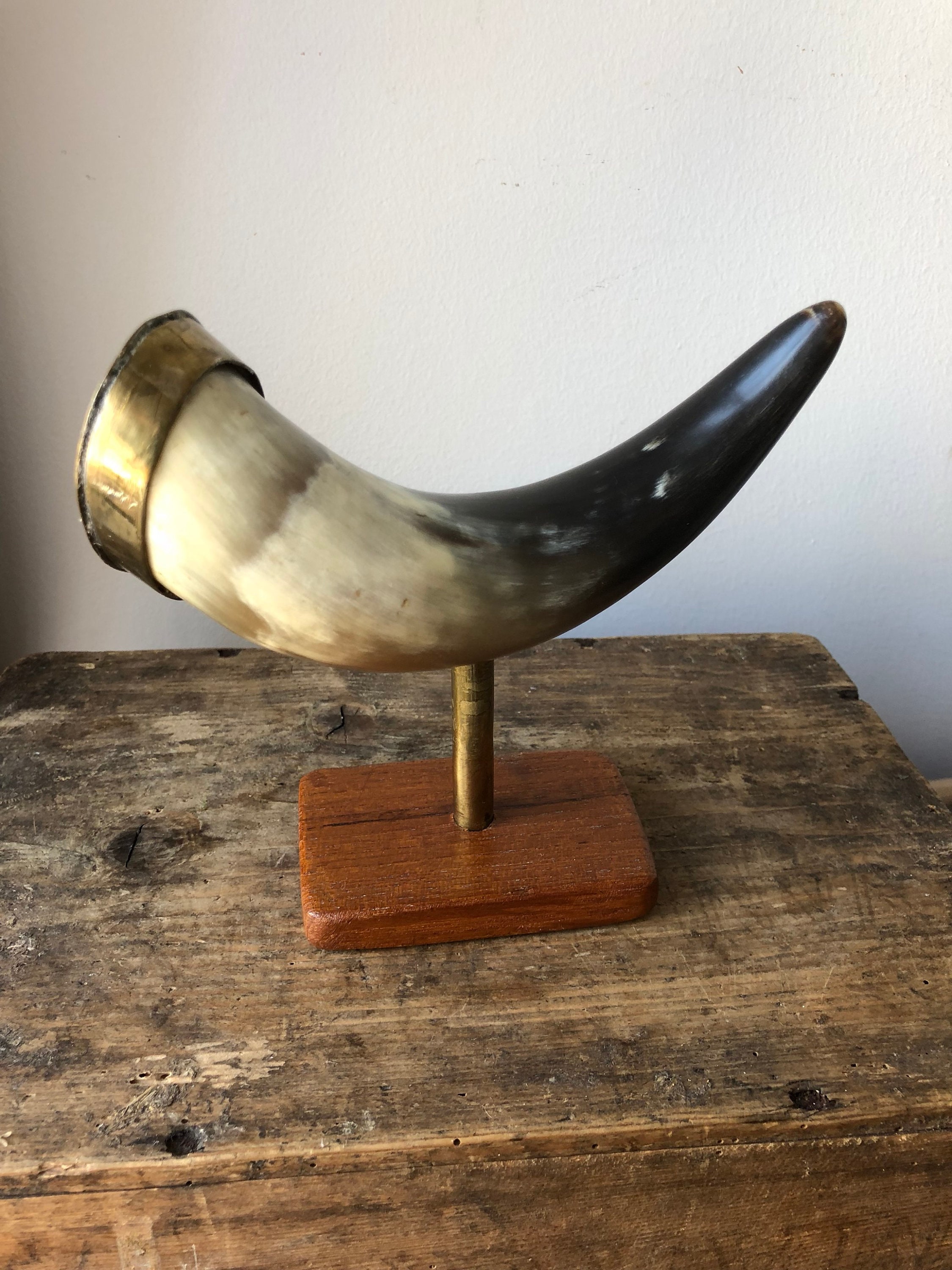 Scandinavian Powder horn with brass mount on teak base / nordic ...