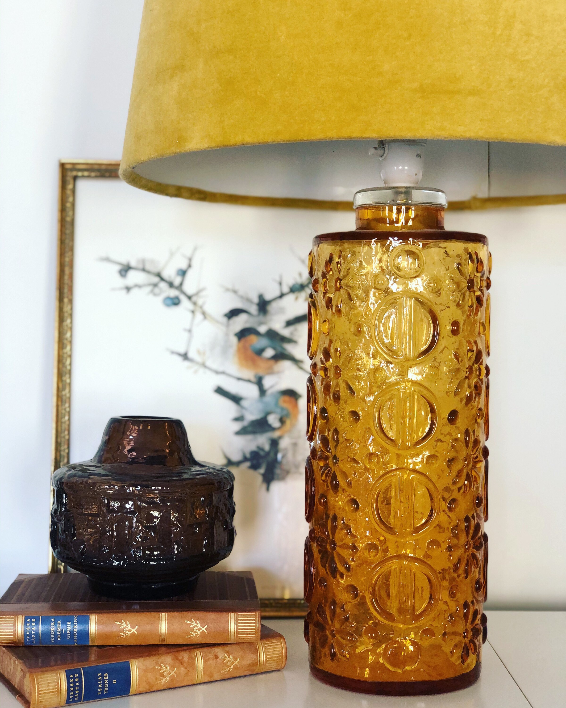 Midcentury modern lamp by Gustav Leek, Orrefors amber glass