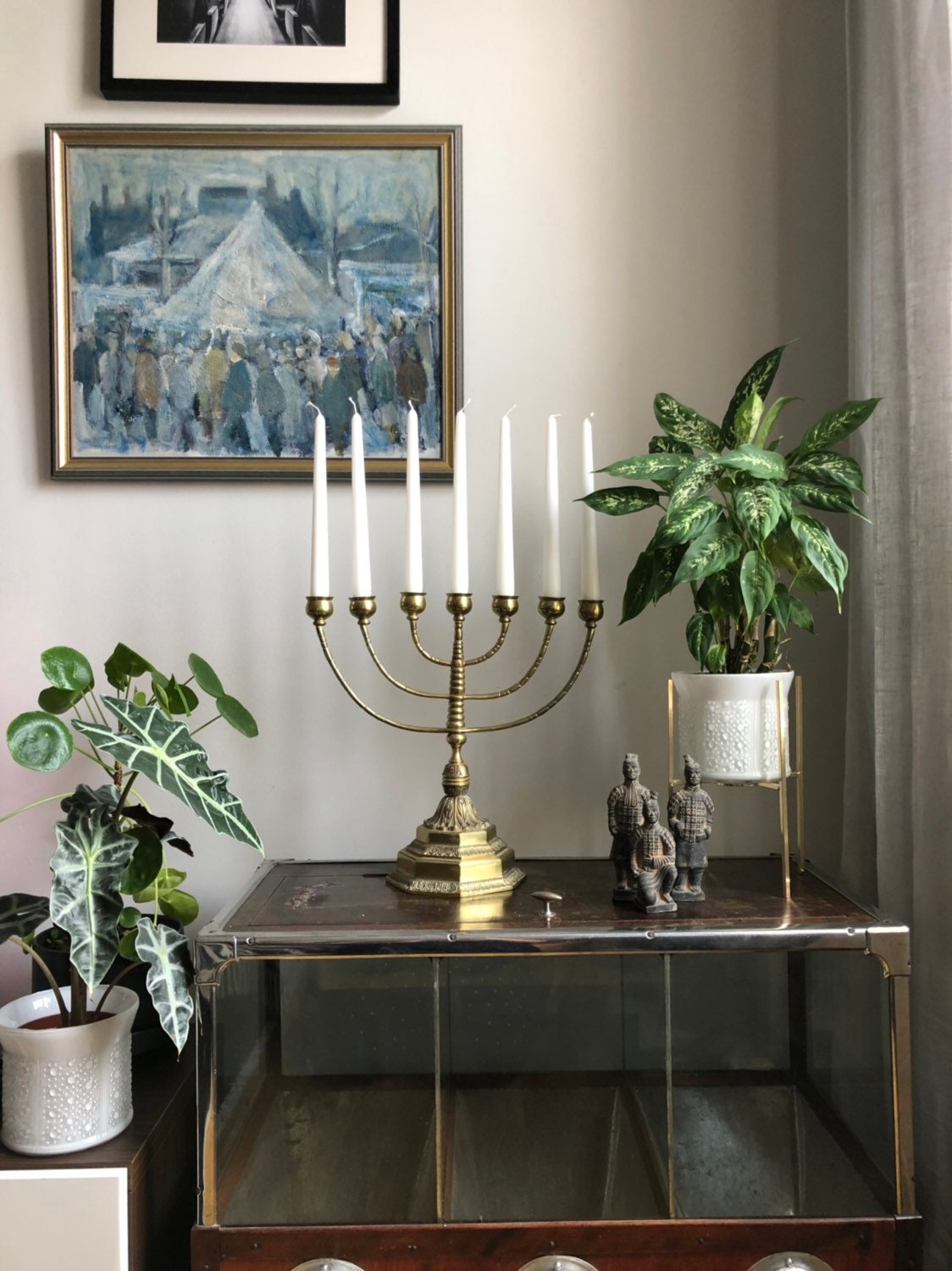 Extra Large solid heavy bronze menorah vintage pedestal stunning 7 arm