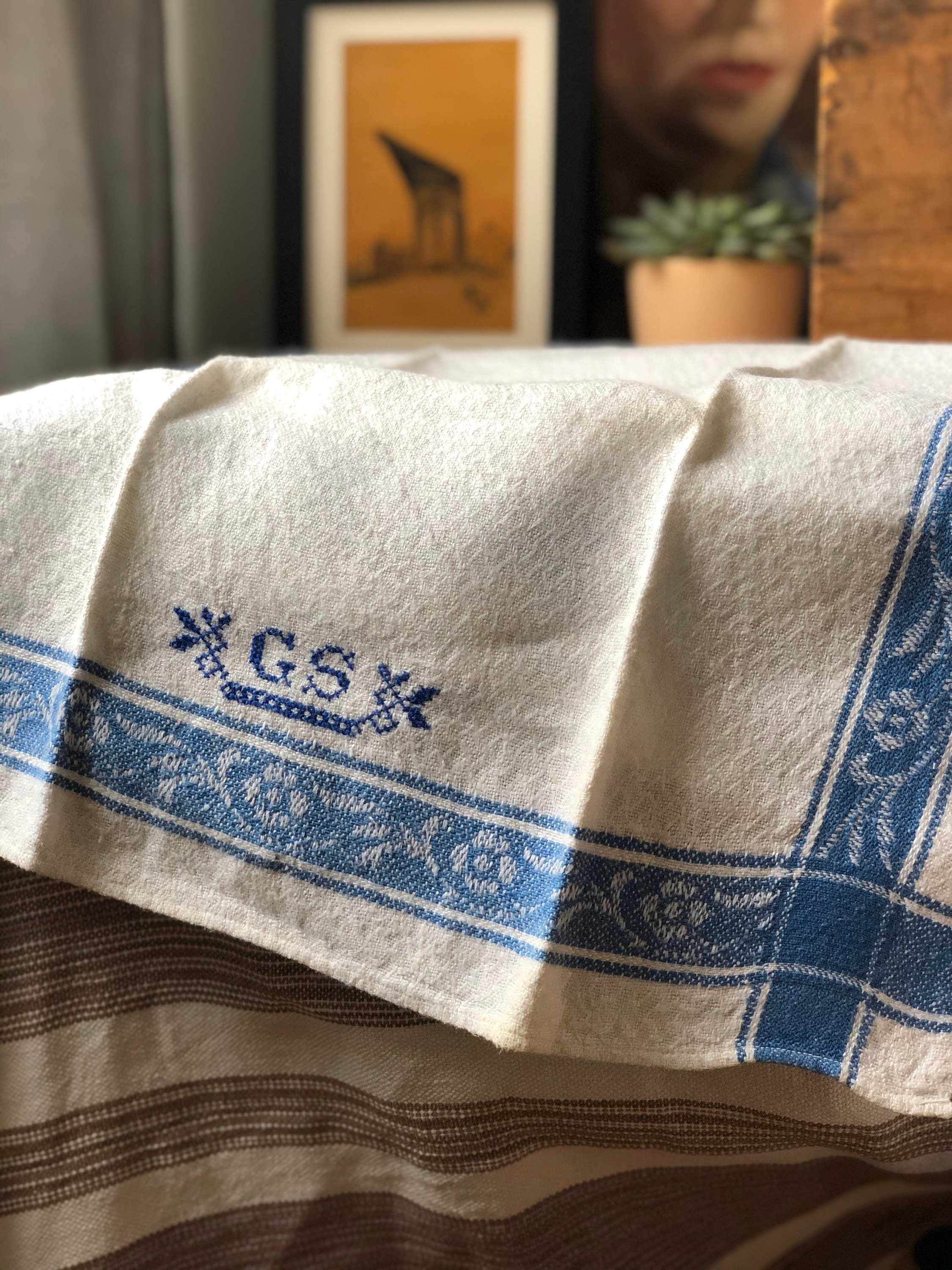 Vintage woven Scandinavian hand towel kitchen towel monogramed GS blue ...