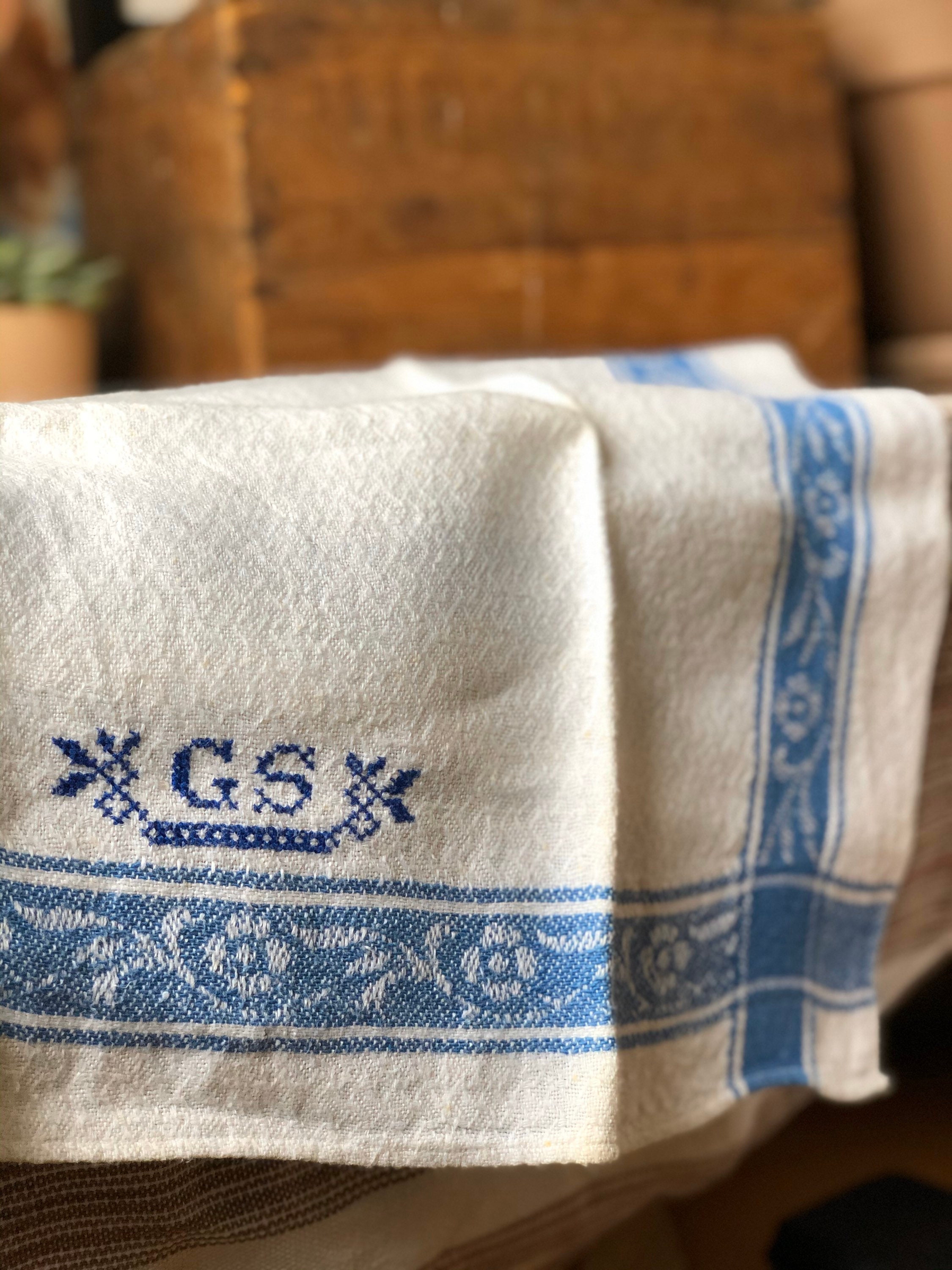 Vintage woven Scandinavian hand towel kitchen towel monogramed GS blue ...