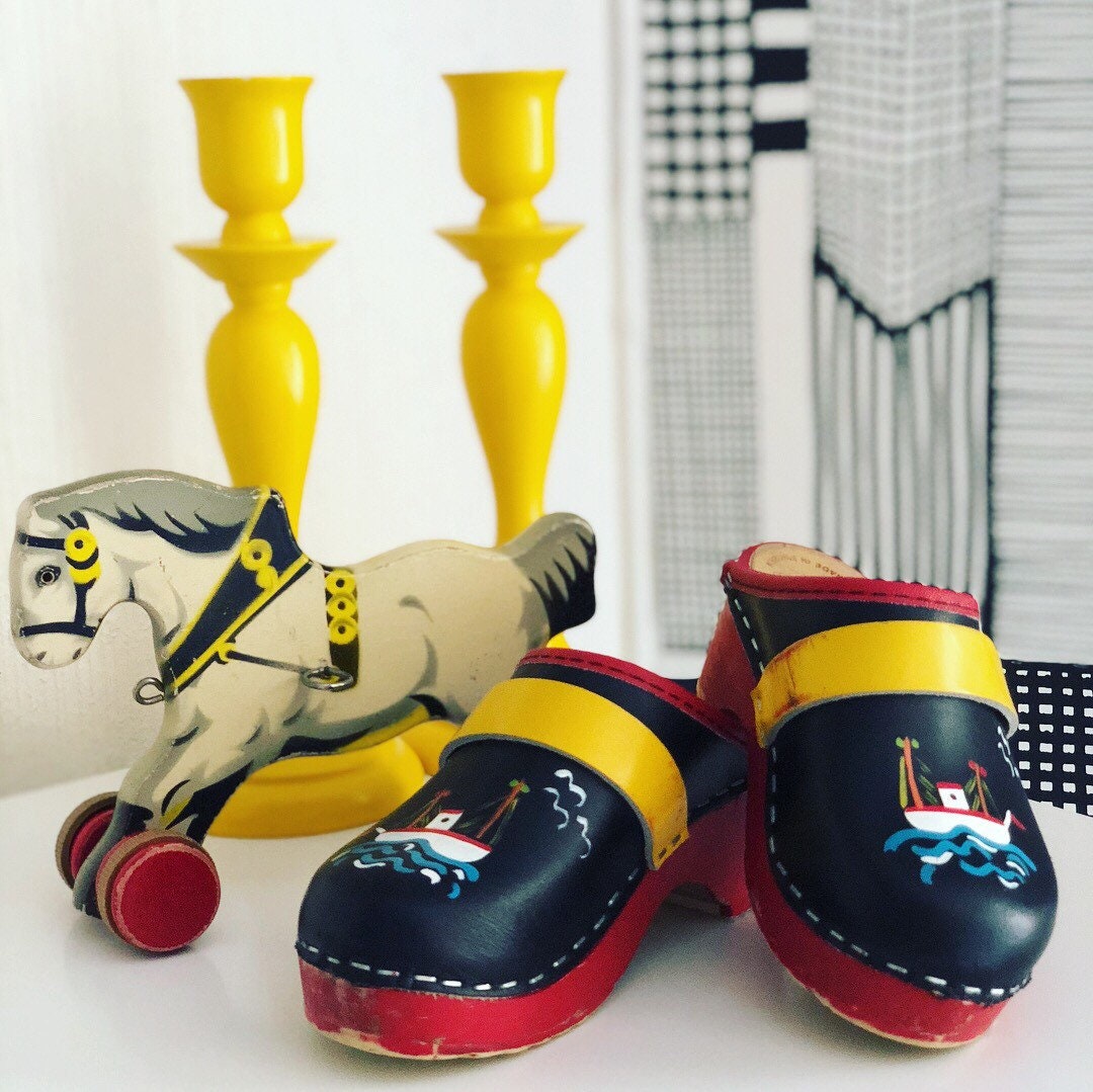 Hand painted Swedish children's kid's clogs shoes Skåne Toffel vintage ...