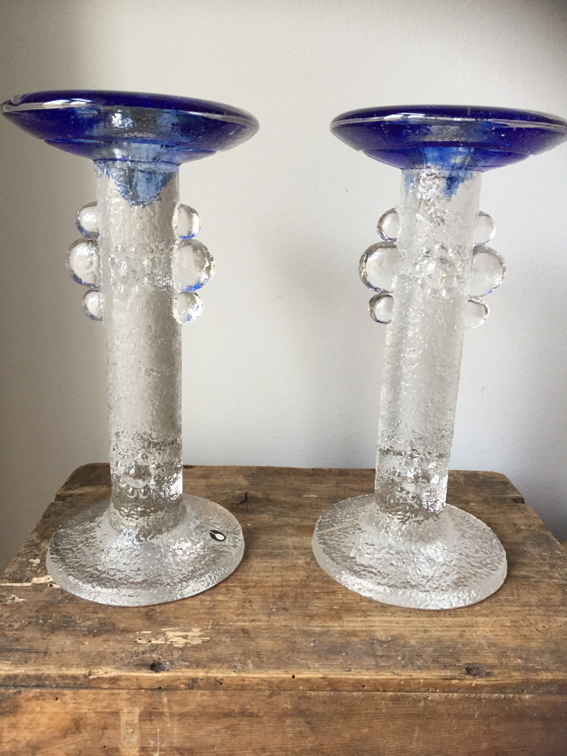 Vintage crystal blue glass pair candle holders Ice sculpture texture ...