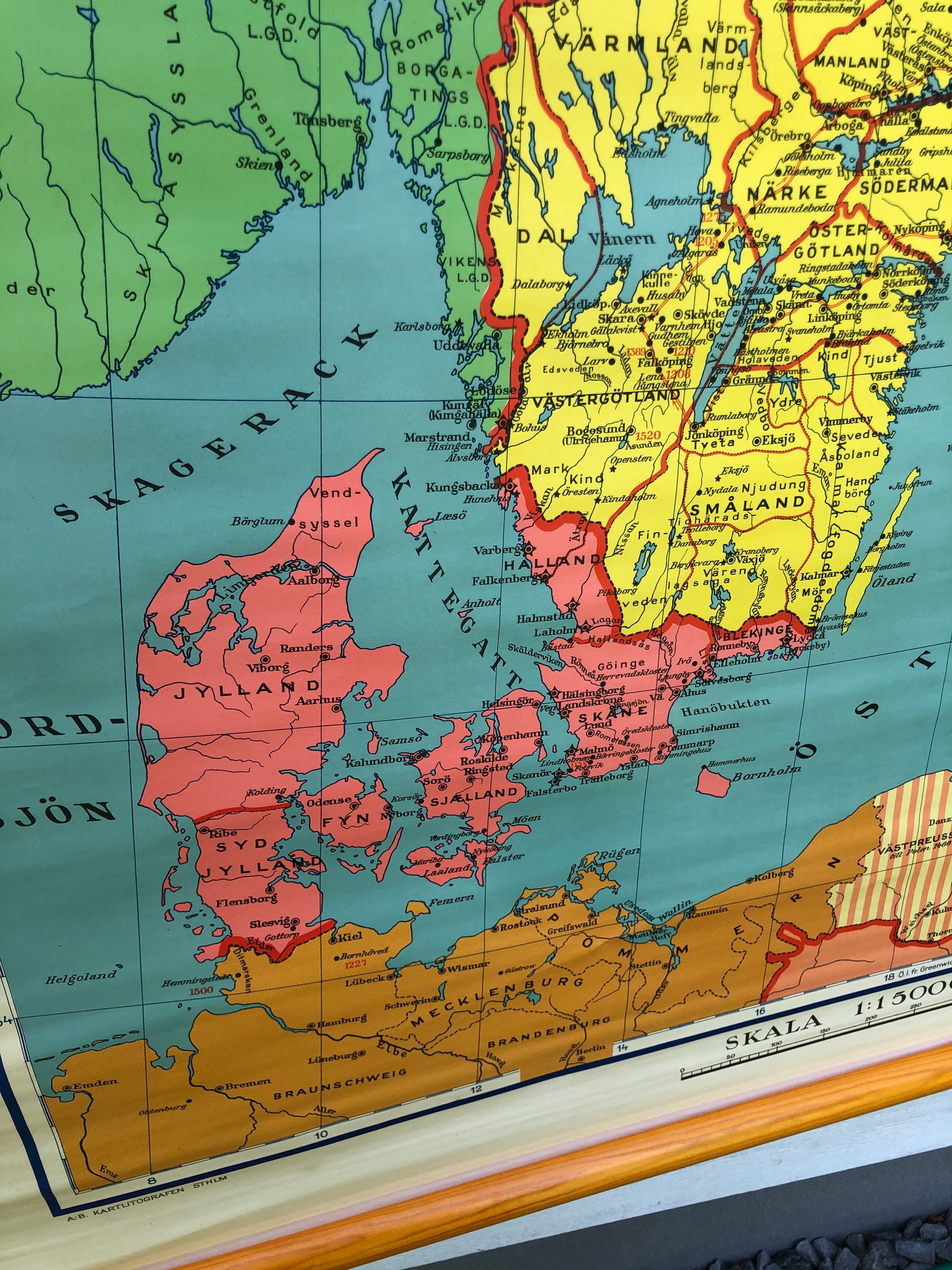 Large Vintage Swedish classroom Map of Scandinavian/ Norden Middle Ages ...