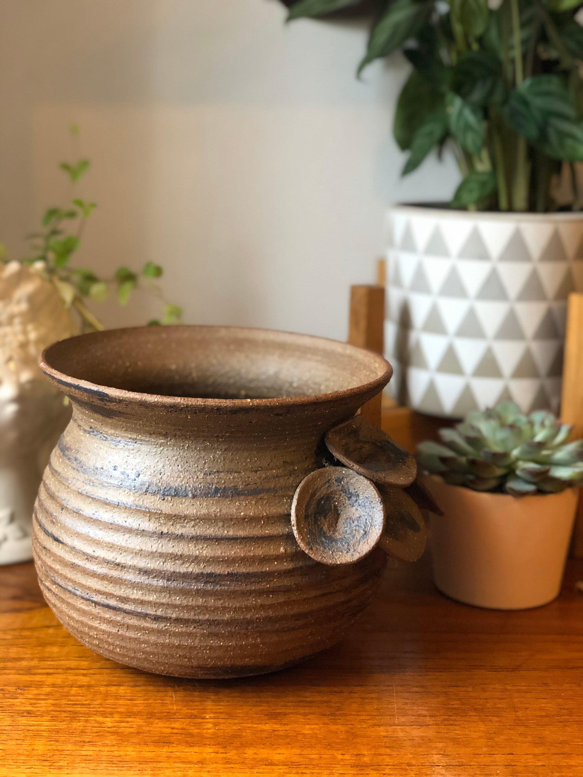 Scandinavian studio pottery planter boho flower pot signed mushroom detail