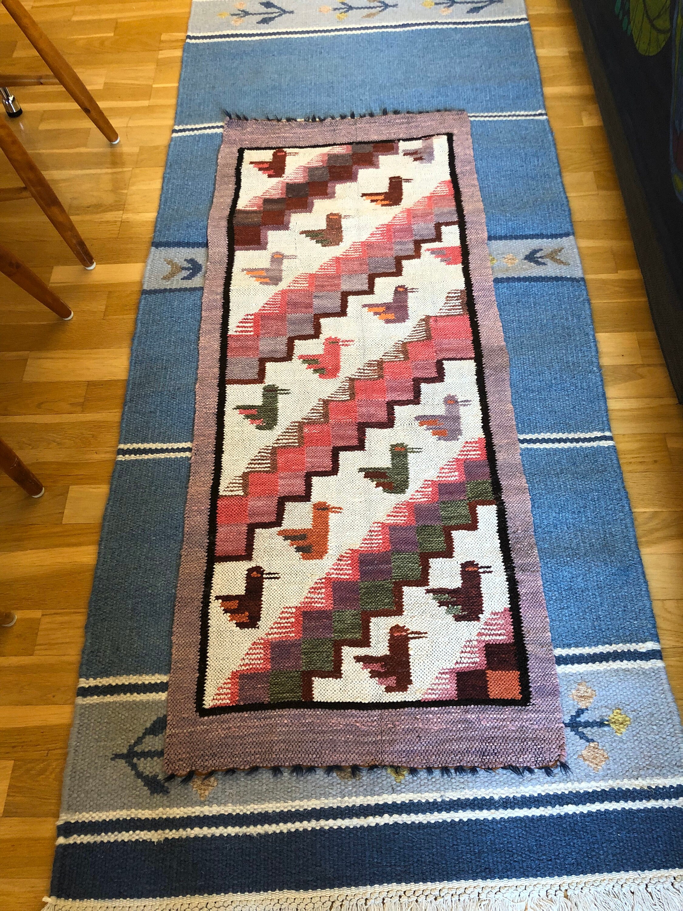 Swedish wall hanging Wool blend rug woven birds loomed weaving Scandinavian