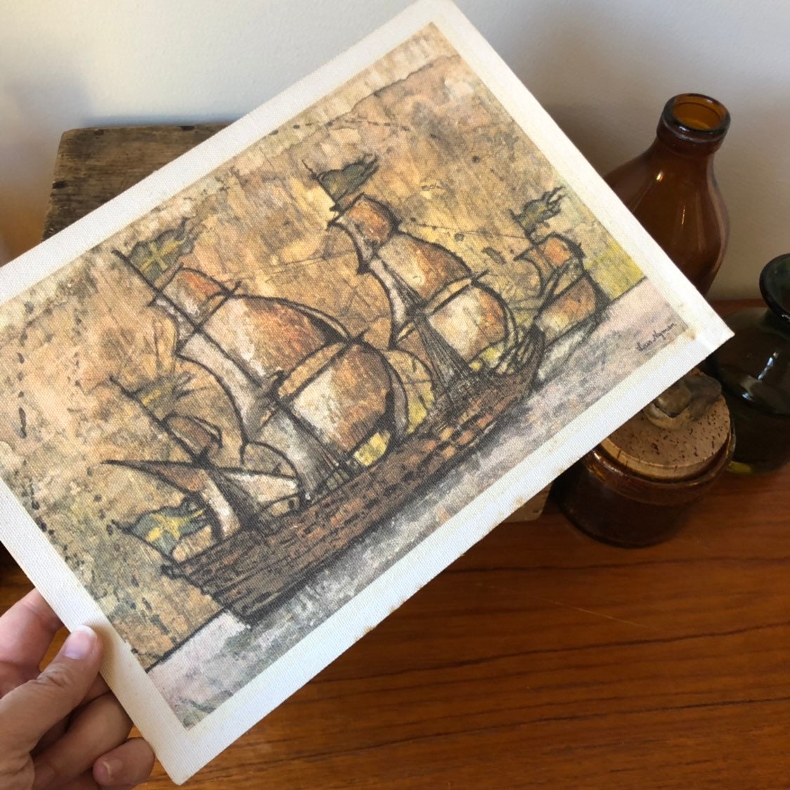 Vintage textile Linen print Swedish Vasa tall ship by Lars Nyman 1971