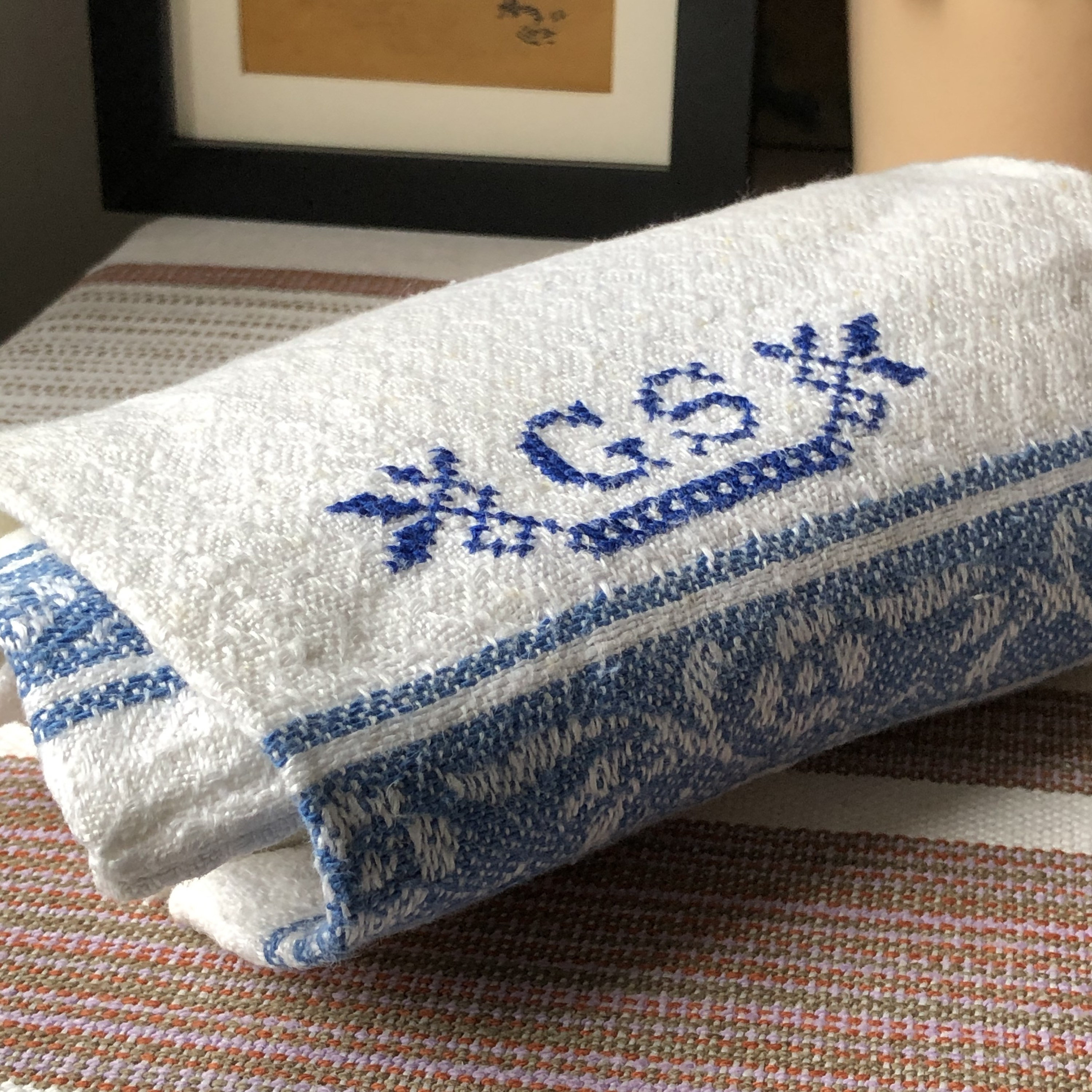 Vintage woven Scandinavian hand towel kitchen towel monogramed GS blue ...