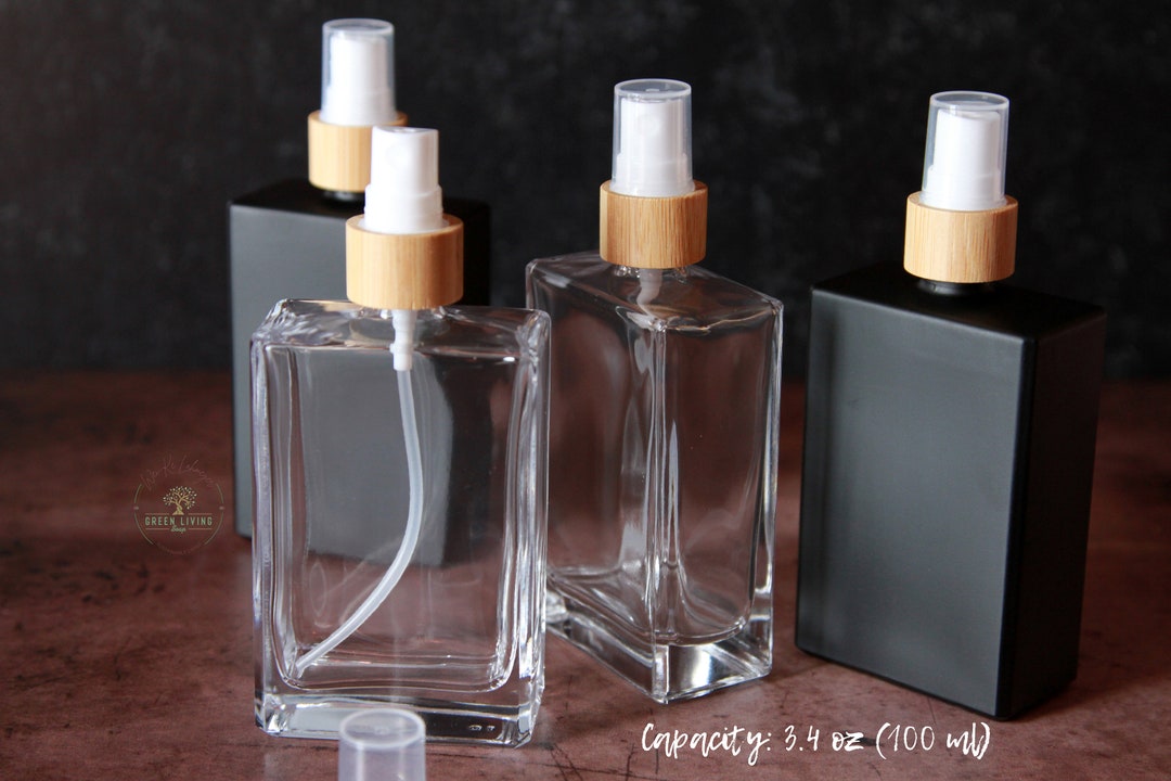 Rectangle Glass Bottle 3.4oz 100ml Mist Spray Bamboo Cap Choose Bottle ...