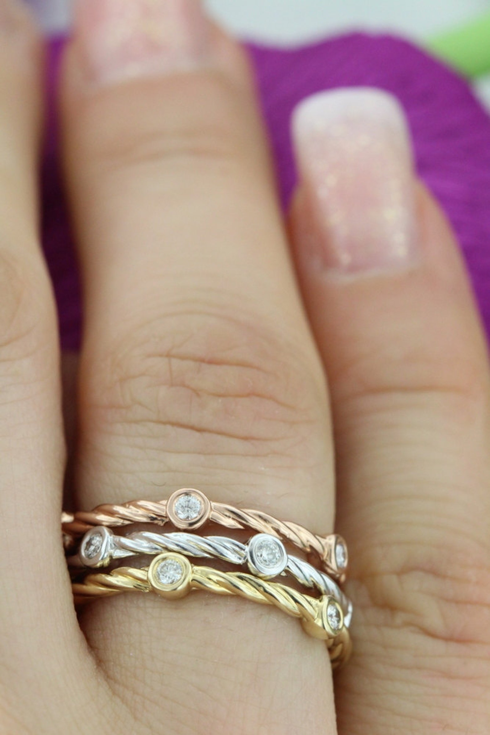 Stackable Rings 0.44ct Tri Color 14K Gold Rings Diamond | Etsy