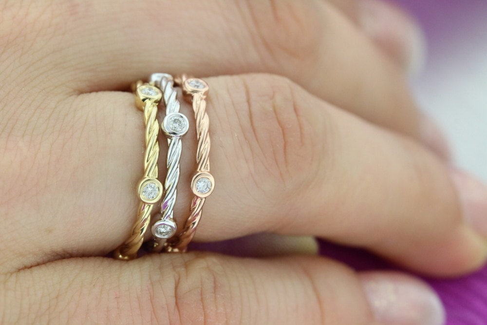 Stackable Rings 0.44ct Tri Color 14K Gold Rings Diamond | Etsy
