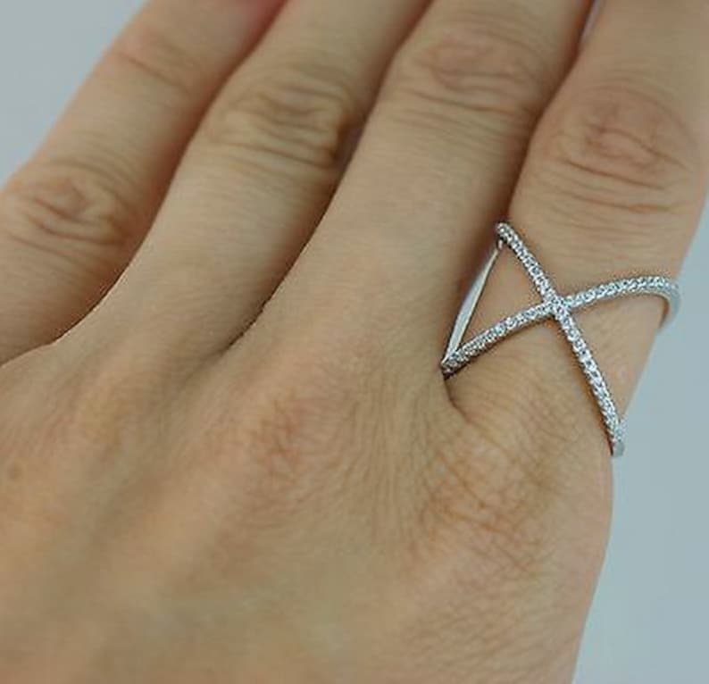 0.67ct F VS2/SI1 Designer X Diamond Ring Micro Pave Set Diamond X Ring ...
