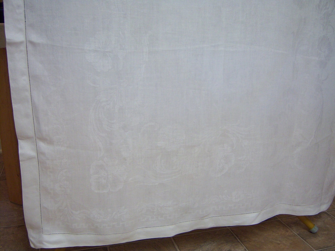 Vintage White Linen Tablecloth/flowers and Greek Key Design/shabby Chic ...