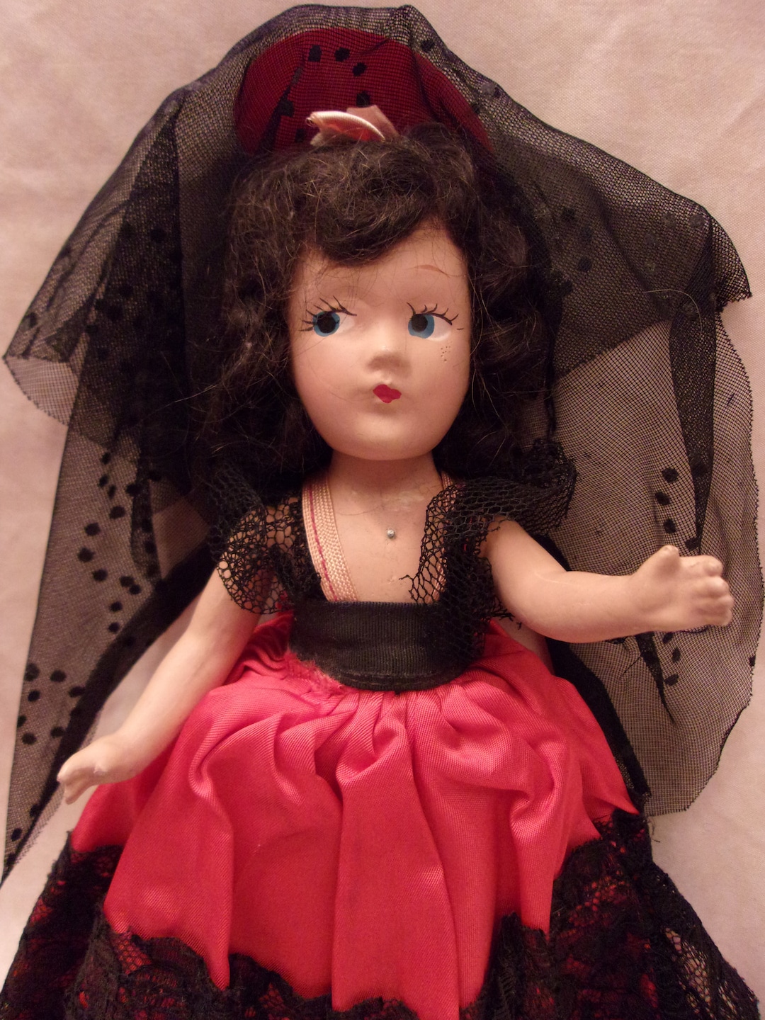 Vintage Spanish Doll,flamenco Dancer Doll,red Satin Dress,black Lace ...