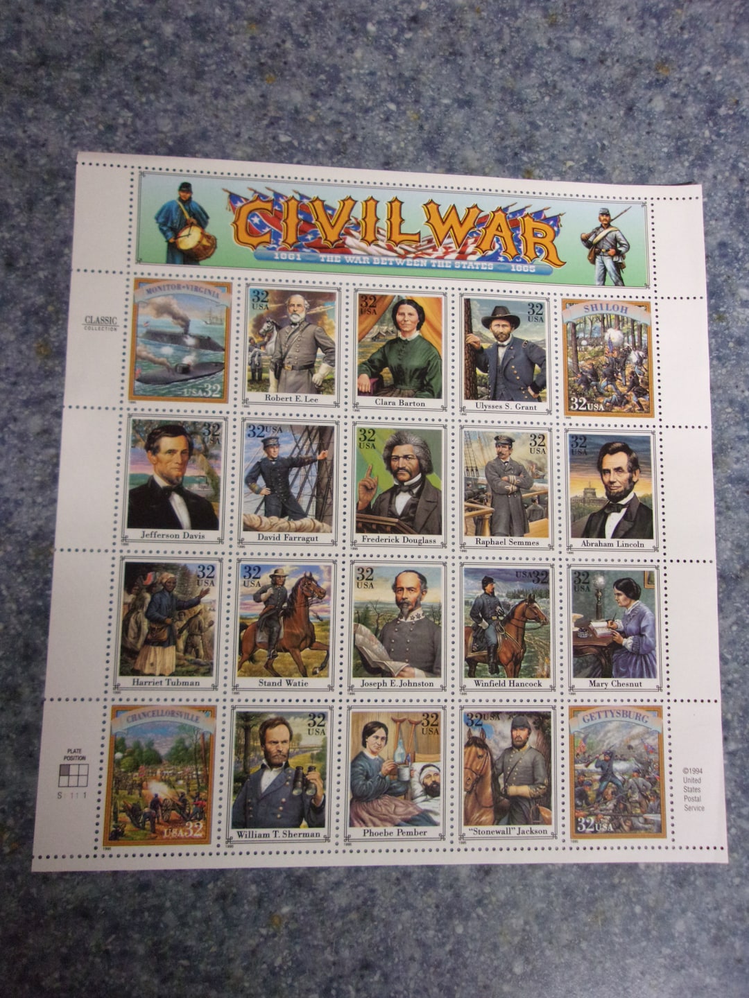 1994 Commemorative Civil War Stamps,sheet of (20) Stamps,32 Cent Stamps ...