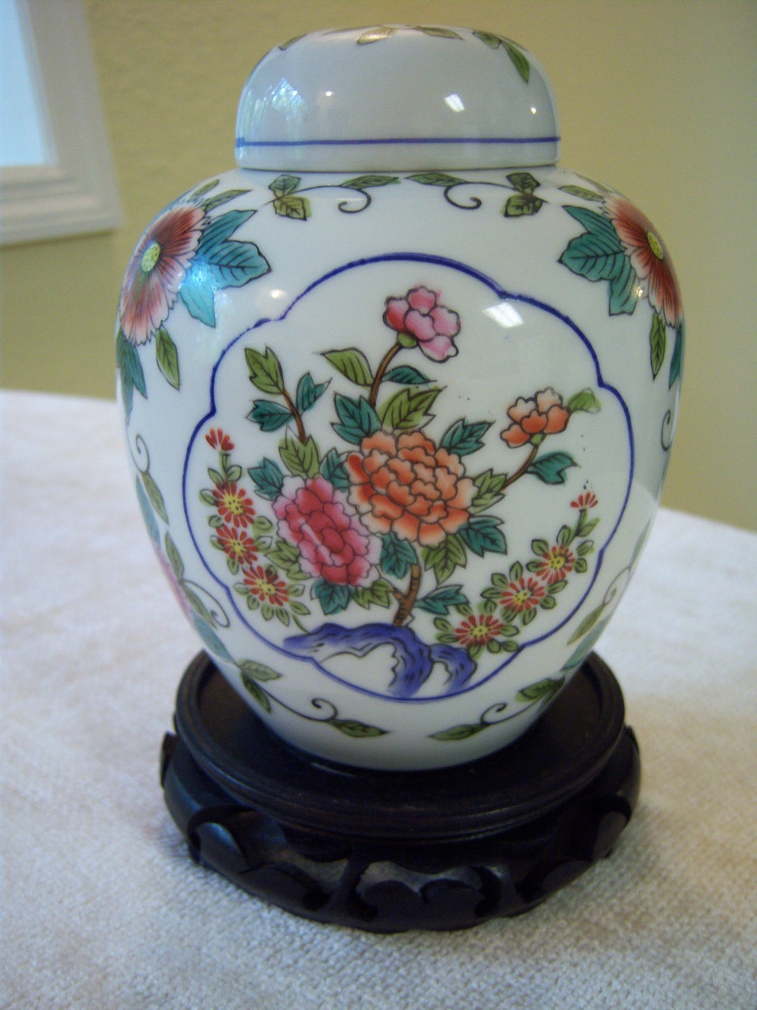 Porcelain Ginger Jar With Carved Stand/1970's Ginger Jar/floral Design ...
