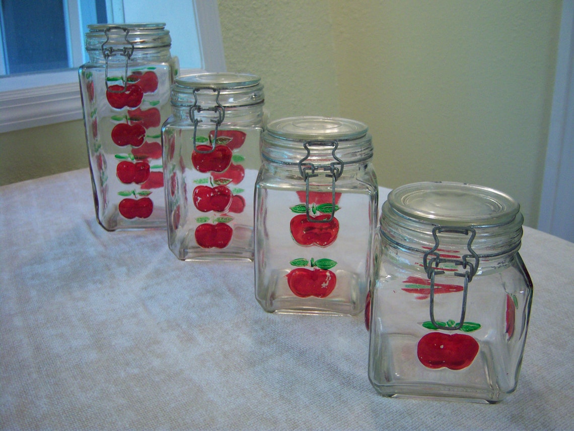 Painted Apple Motif Canistersglass Canistershinged Lids4 - Etsy