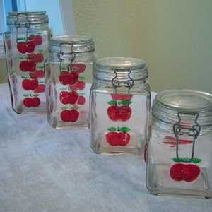 Painted Apple Motif Canisters,glass Canisters,hinged Lids,4 Piece ...