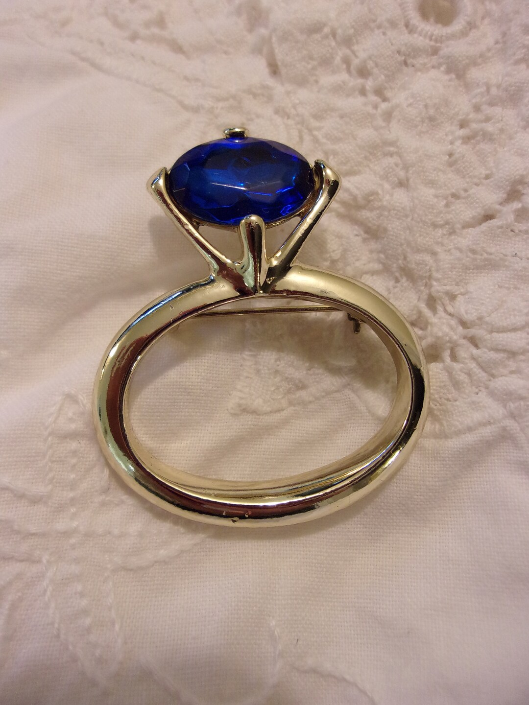 Solitaire Brooch,large Rhinestone,sapphire Blue Rhinestone,gold Tone ...