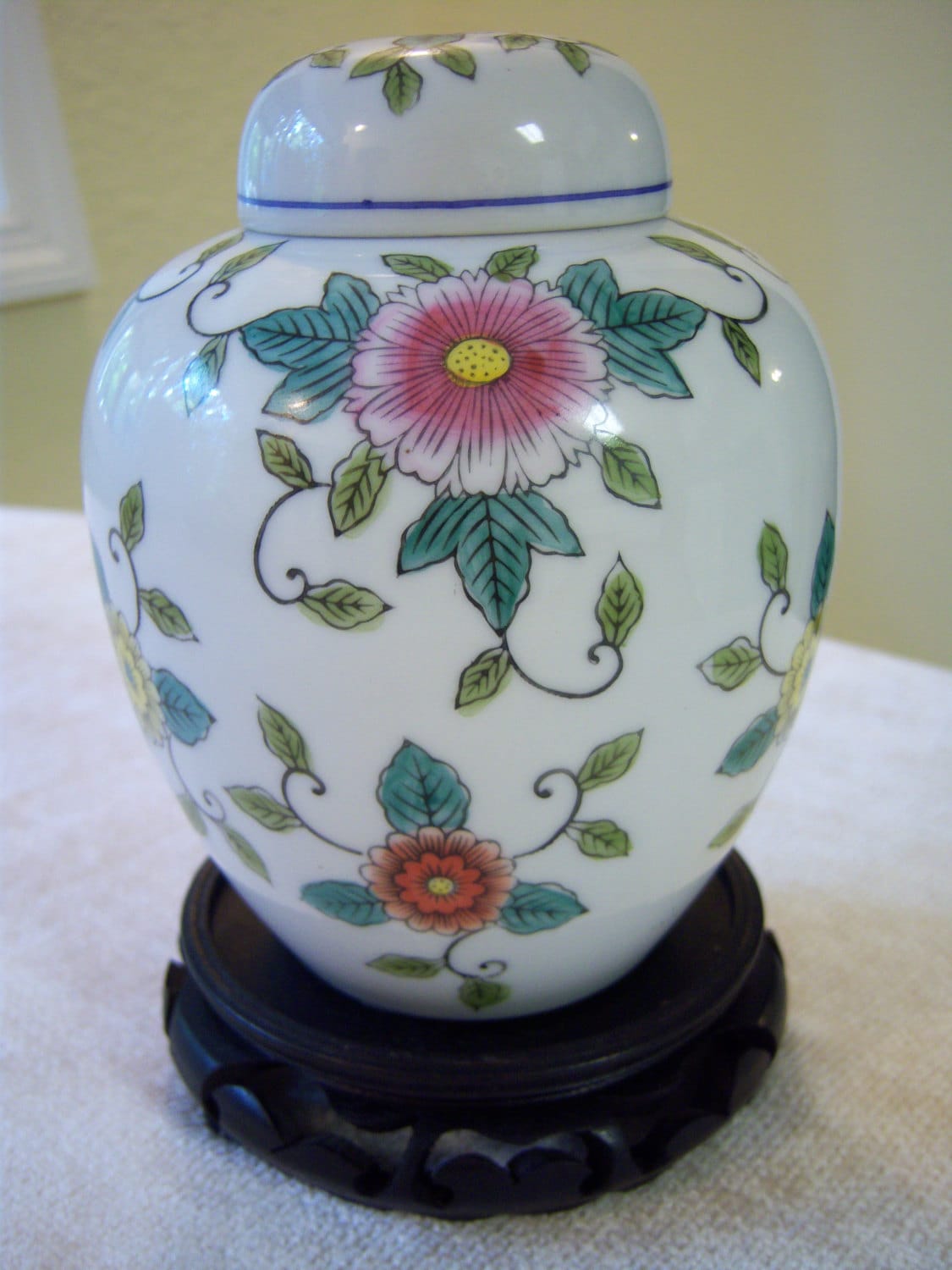 Porcelain Ginger Jar With Carved Stand/1970's Ginger Jar/floral Design ...