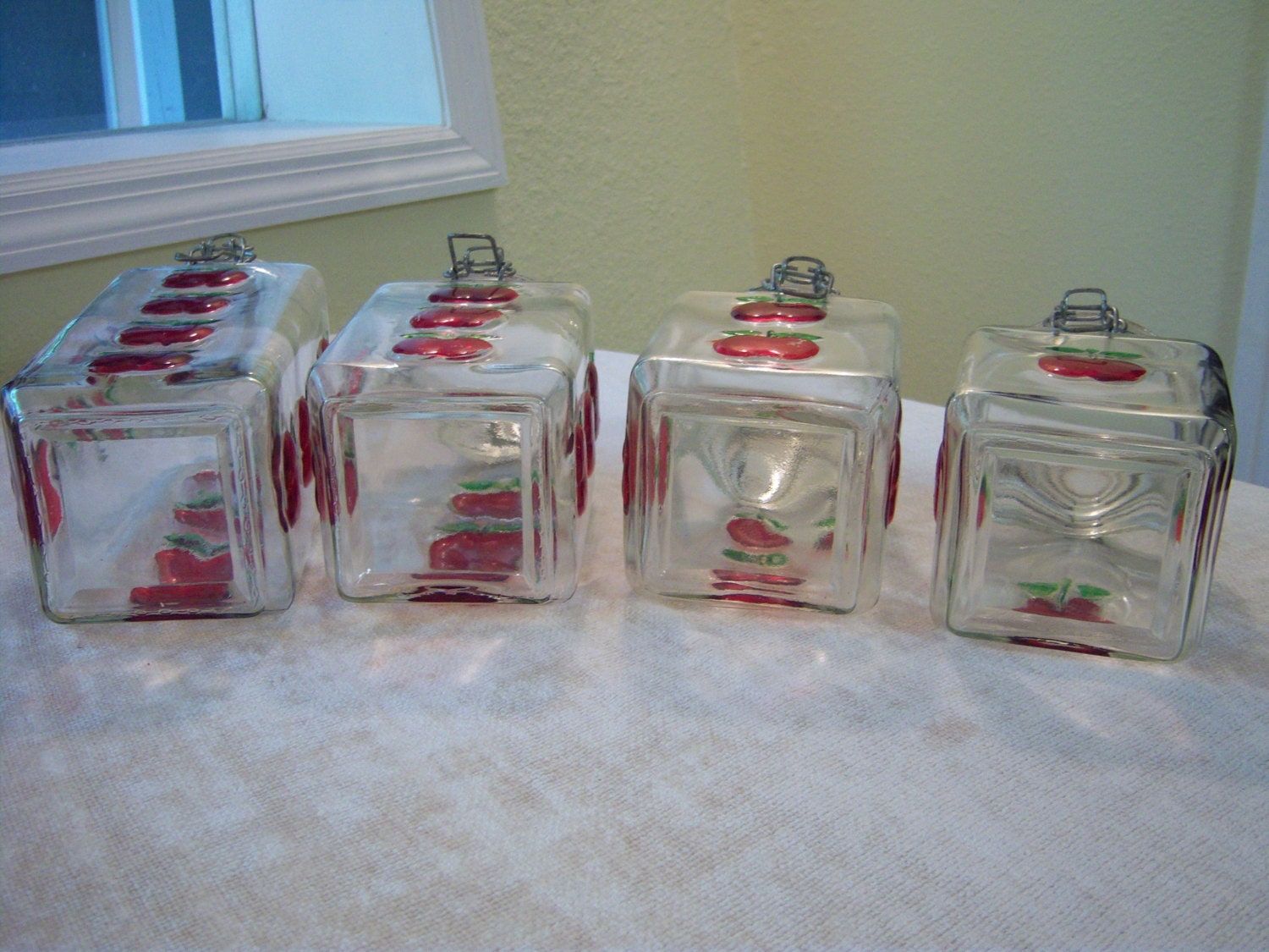 Painted Apple Motif Canistersglass Canistershinged Lids4 - Etsy