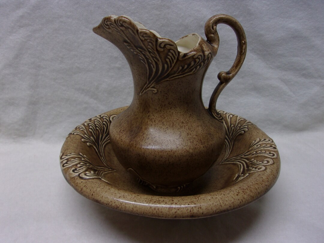 Vintage Bowl and Pitcher,brown & White,compact Size,speckled,ceramic ...