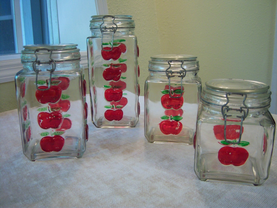 Painted Apple Motif Canisters,glass Canisters,hinged Lids,4 Piece ...