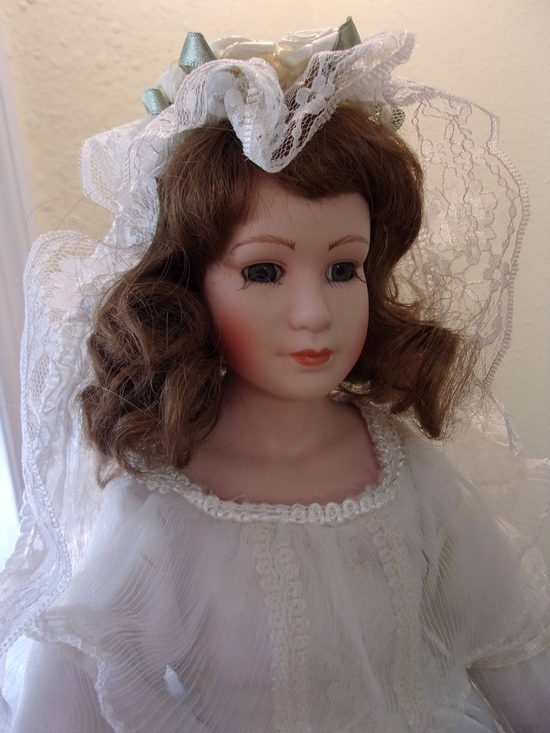 Vintage Bride Doll,bisque Porcelain Doll,victorian Style Satin Gown ...