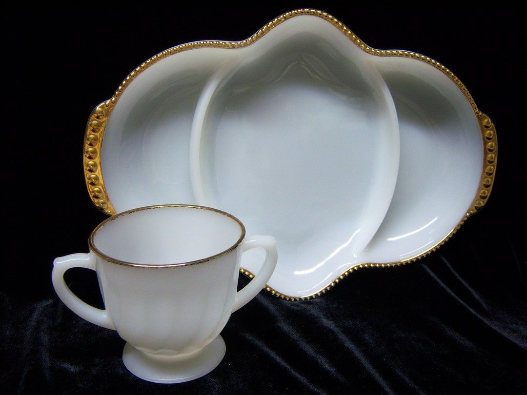 Fire King Milk Glass,gold Rims,triple Divided Dish,oval Serving Dish ...