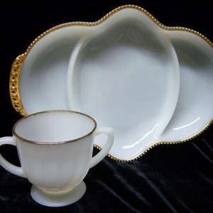 Fire King Milk Glass,gold Rims,triple Divided Dish,oval Serving Dish ...