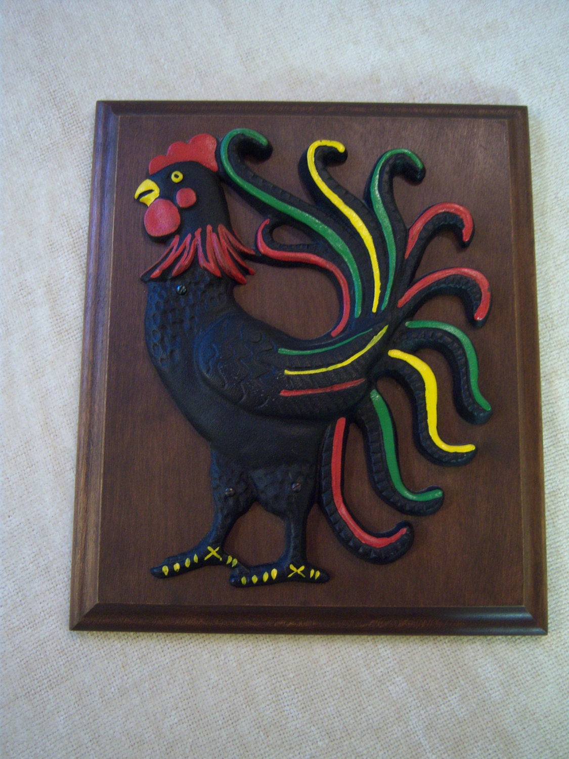 Vintage Folk Art Rooster,plaque,cast Iron Rooster,colorful Tail ...