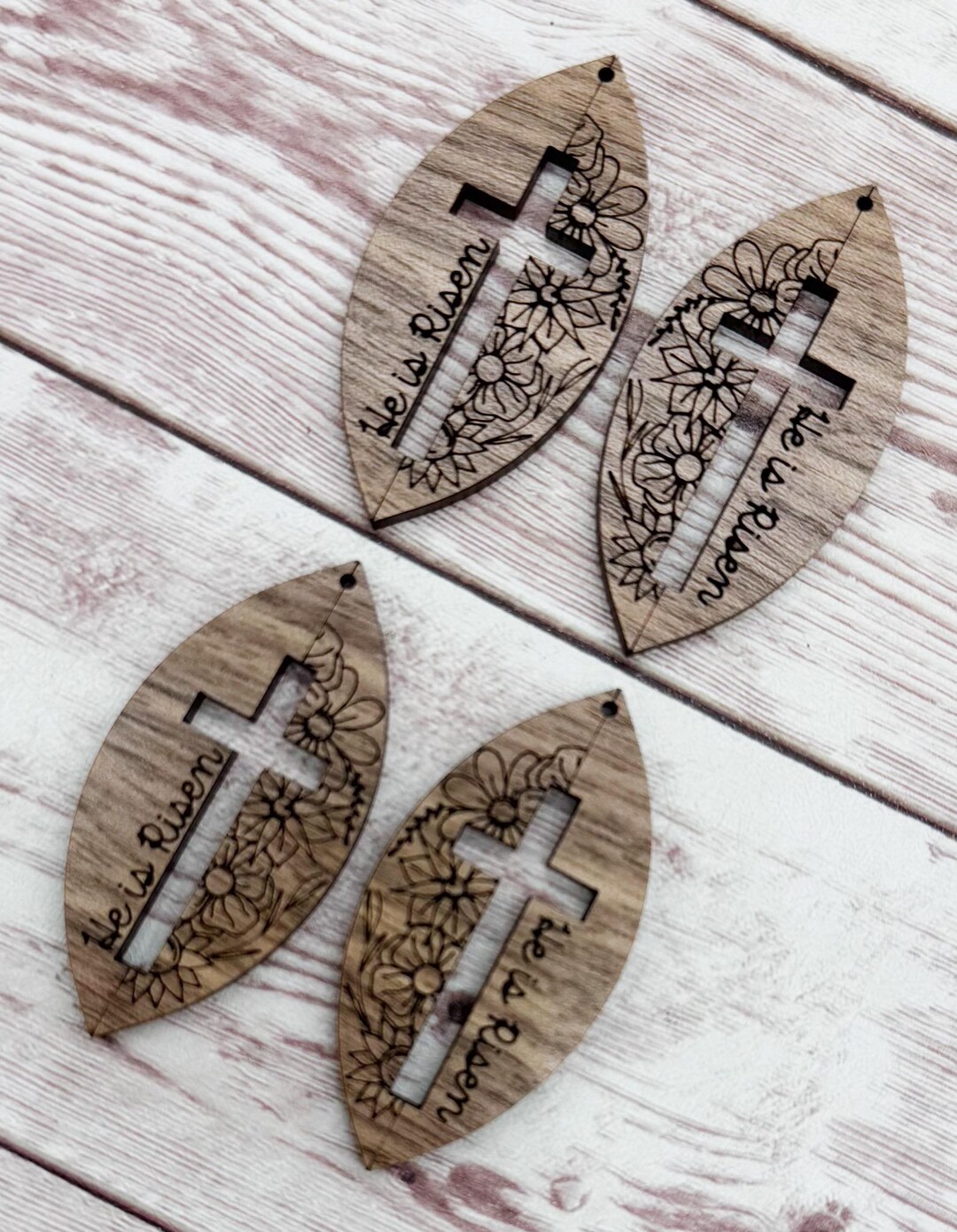 Wood Half Floral Engraved He is Risen Cut Out Cross Easter Earring ...