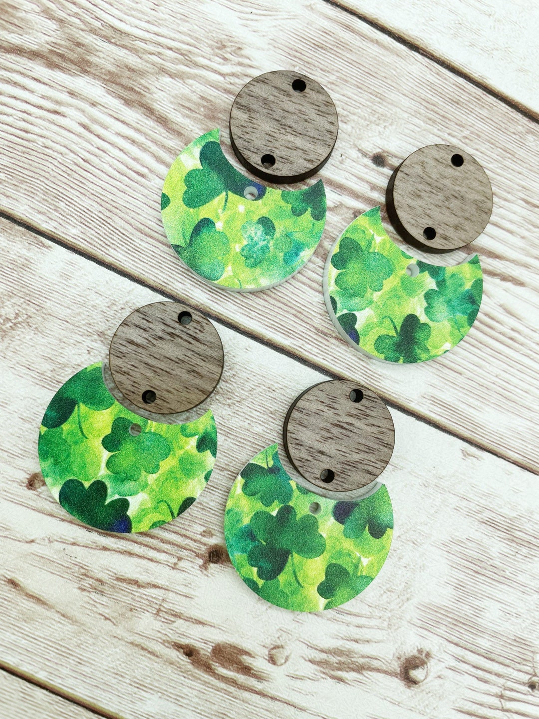 Patterned Shamrock Print Acrylic and Wood Circle Set Earring Blanks ...