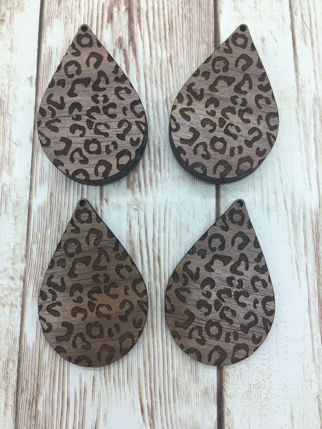Wood Teardrop Engraved Leopard Print Earring Blanks, Finished Walnut ...