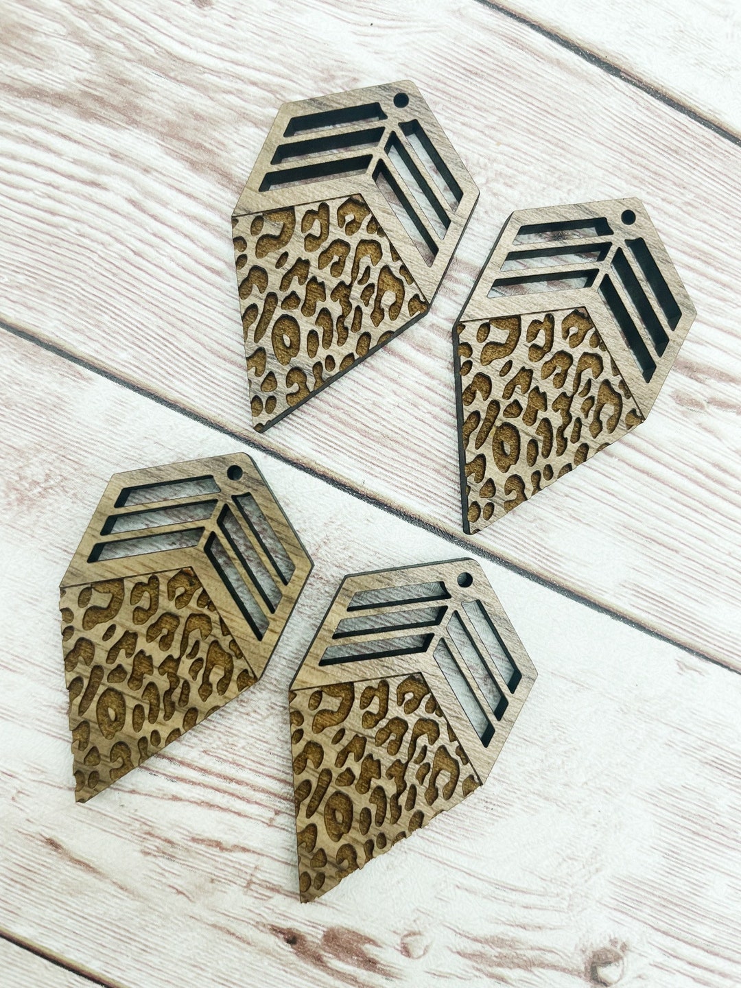 Wood Engraved Leopard Print Reverse Diamond Earring Blanks, Finished ...