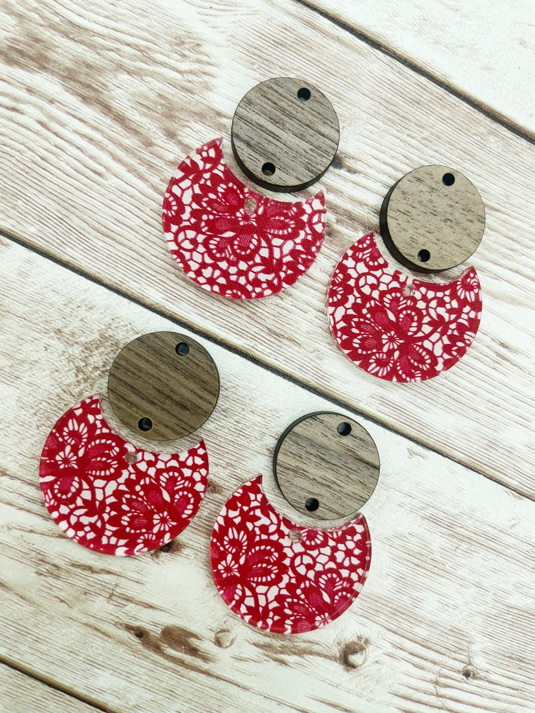 Patterned Red Lace Print Acrylic and Wood Circle Set Earring Blanks ...