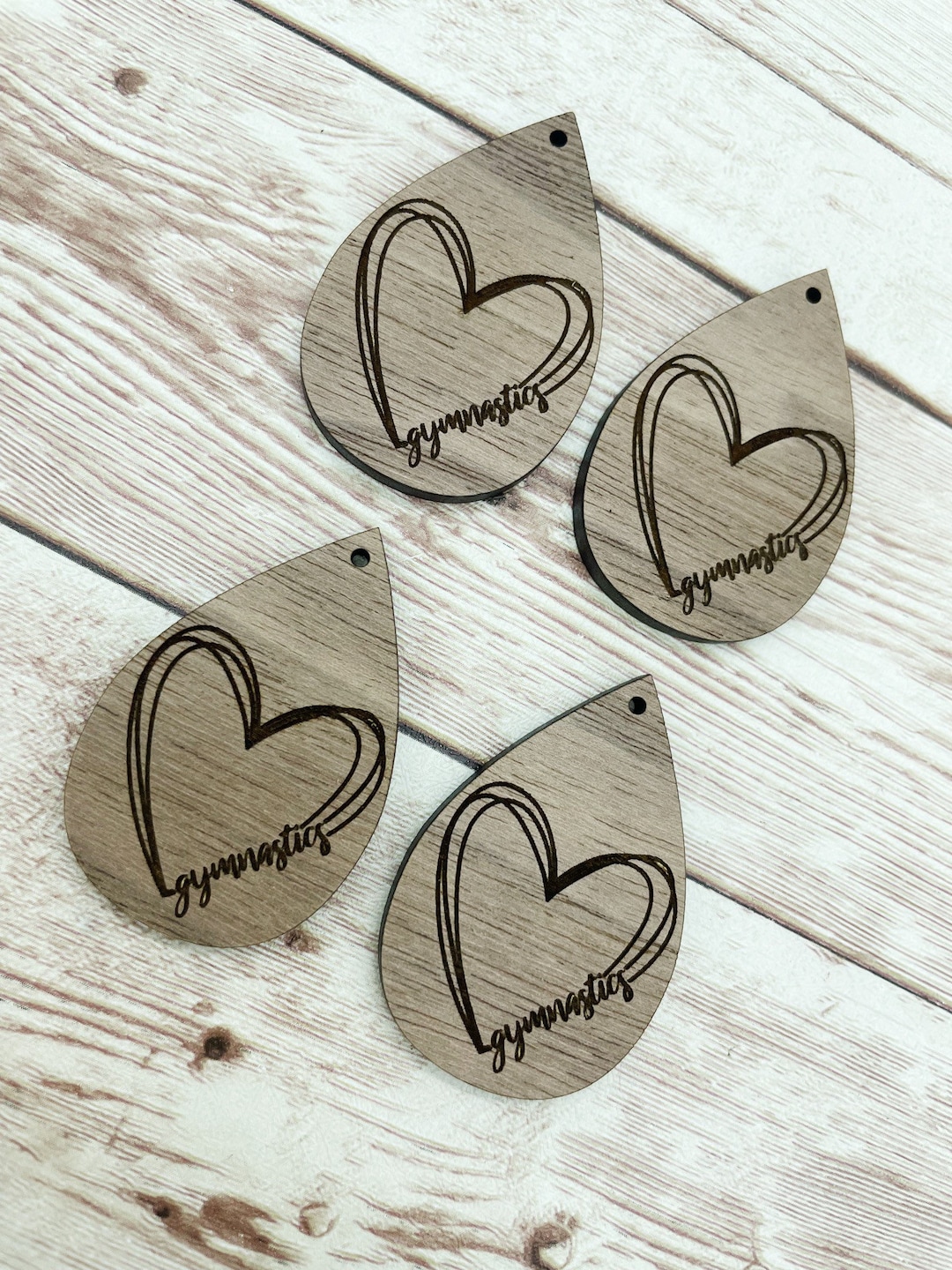 Wood Teardrop Engraved Gymnastics Heart Earring Blanks, Finished Walnut ...