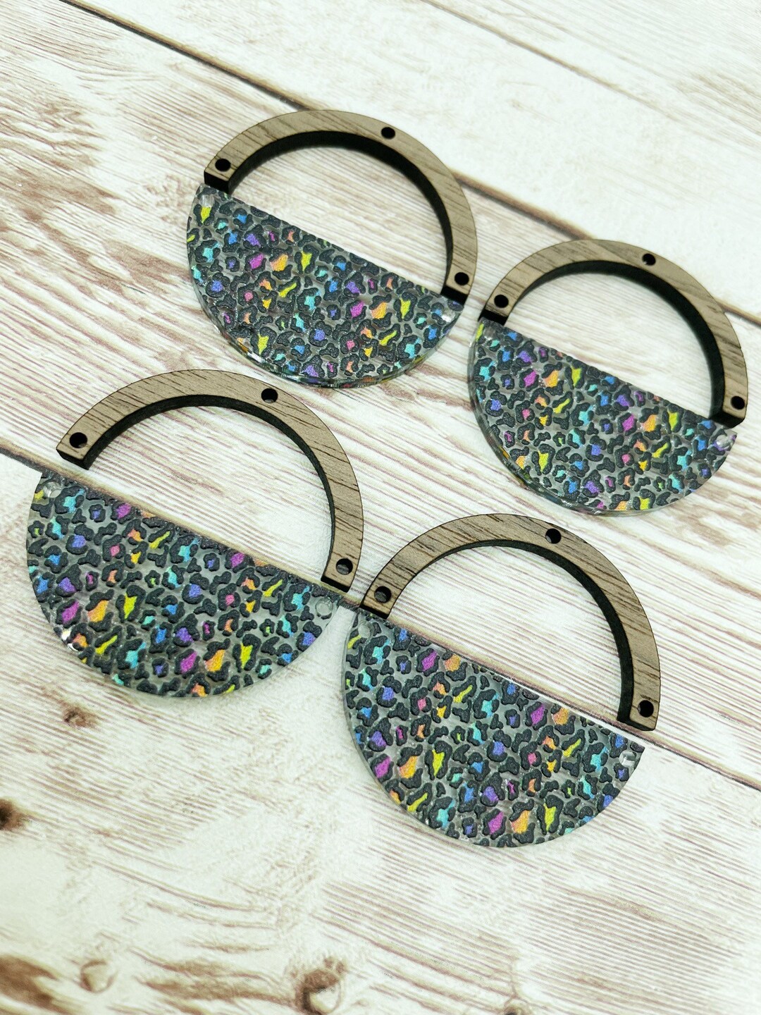 Patterned Acrylic and Wood Arch Round Rainbow Leopard Print Earring ...