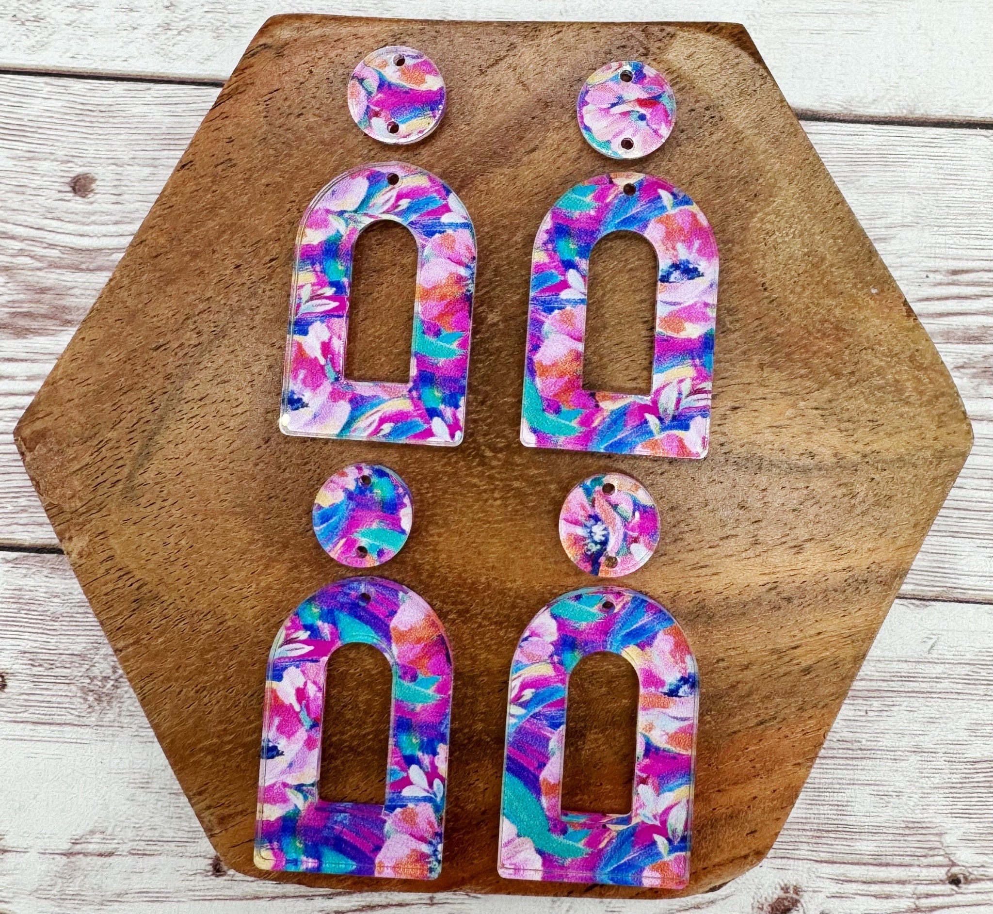 Summer Floral Print Acrylic Open Arch Connector Set Earring Blanks, DIY ...