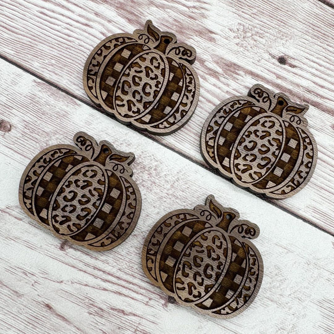 Wood Engraved Leopard Print and Plaid Pumpkin Earring Blanks, Finished ...