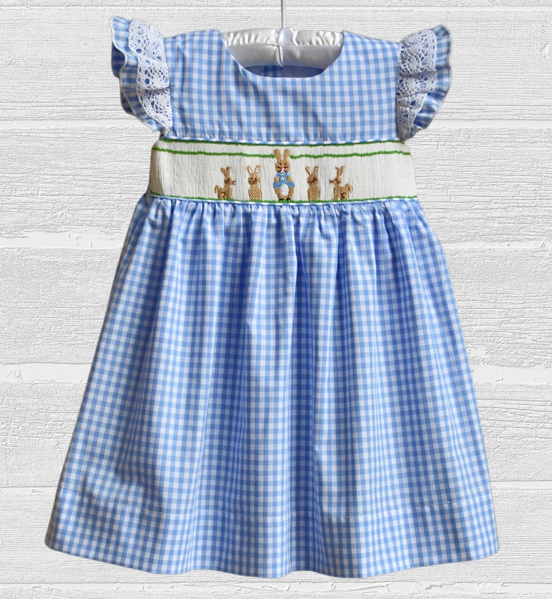 Smocked Easter Peter Rabbit Dress for Girls- Blue White Gingham Check ...