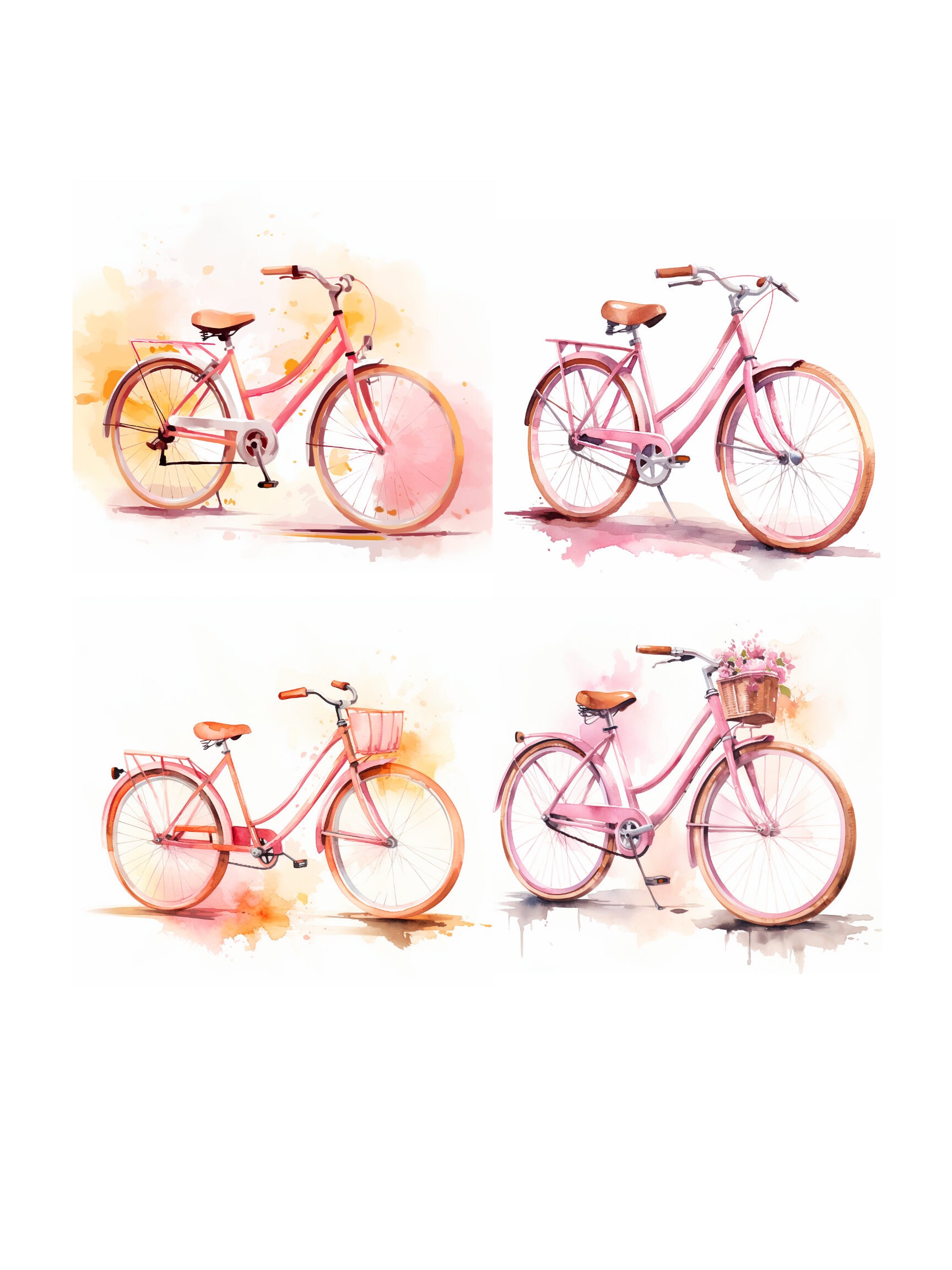 Pink Bicycle Watercolor Print Set of 4 Digital Download - Etsy