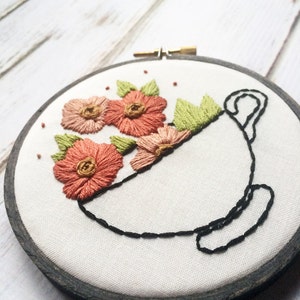 Embroidered Tea Cup Sign With Florals, Hand Embroidery Tea Art, Tea ...