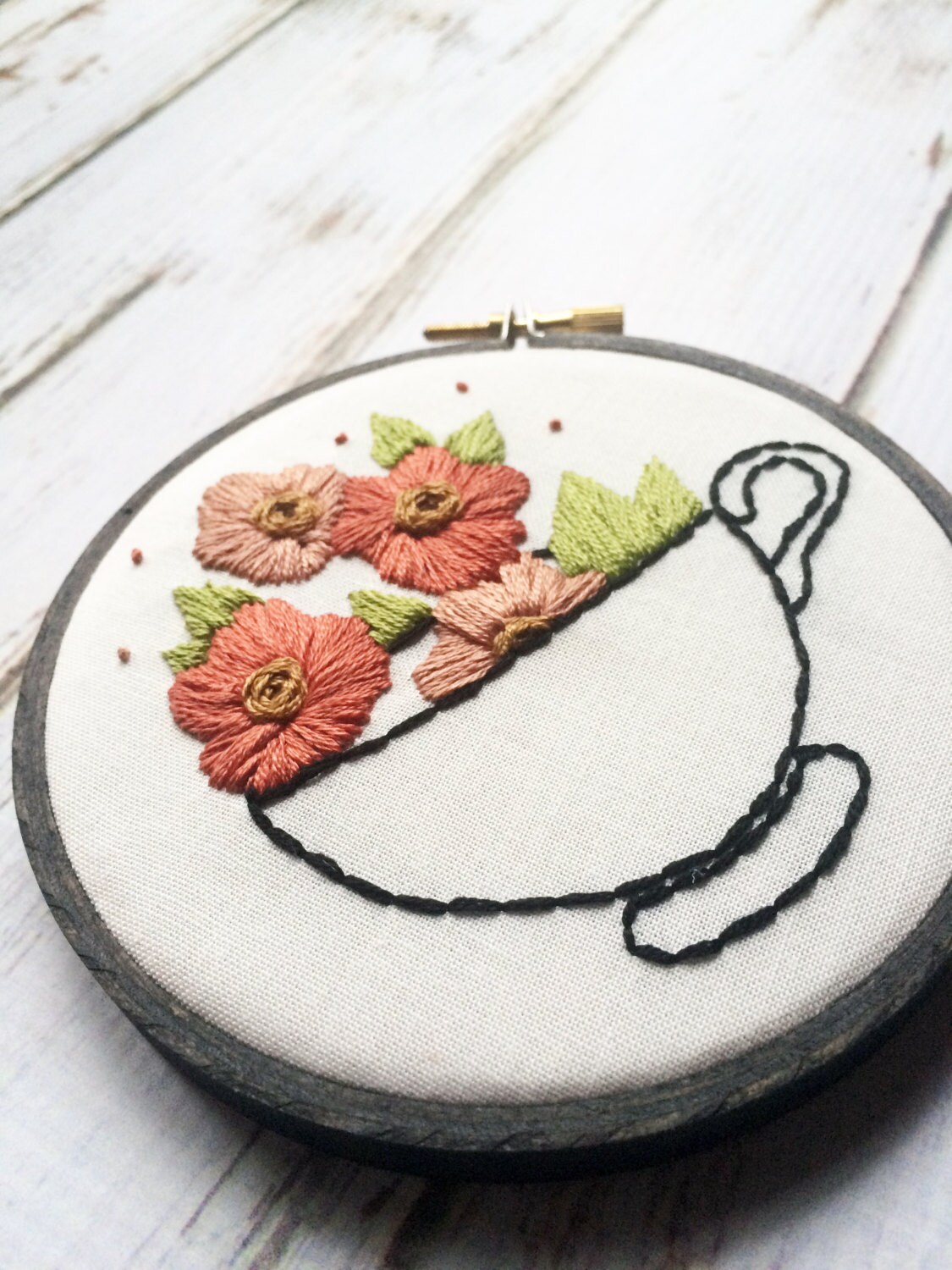 Embroidered tea cup sign with florals Hand Embroidery Tea | Etsy