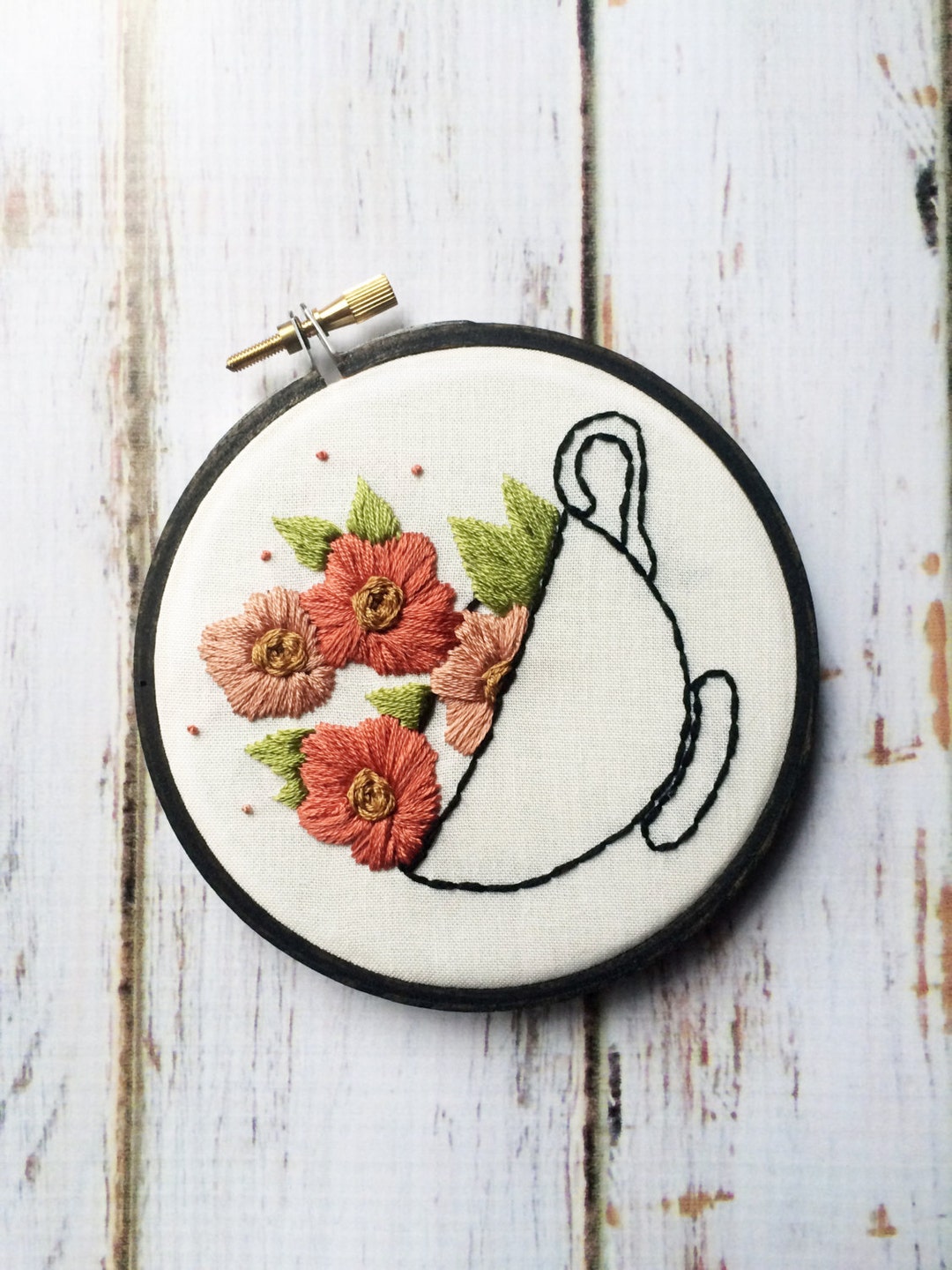 Embroidered Tea Cup Sign With Florals, Hand Embroidery Tea Art, Tea ...