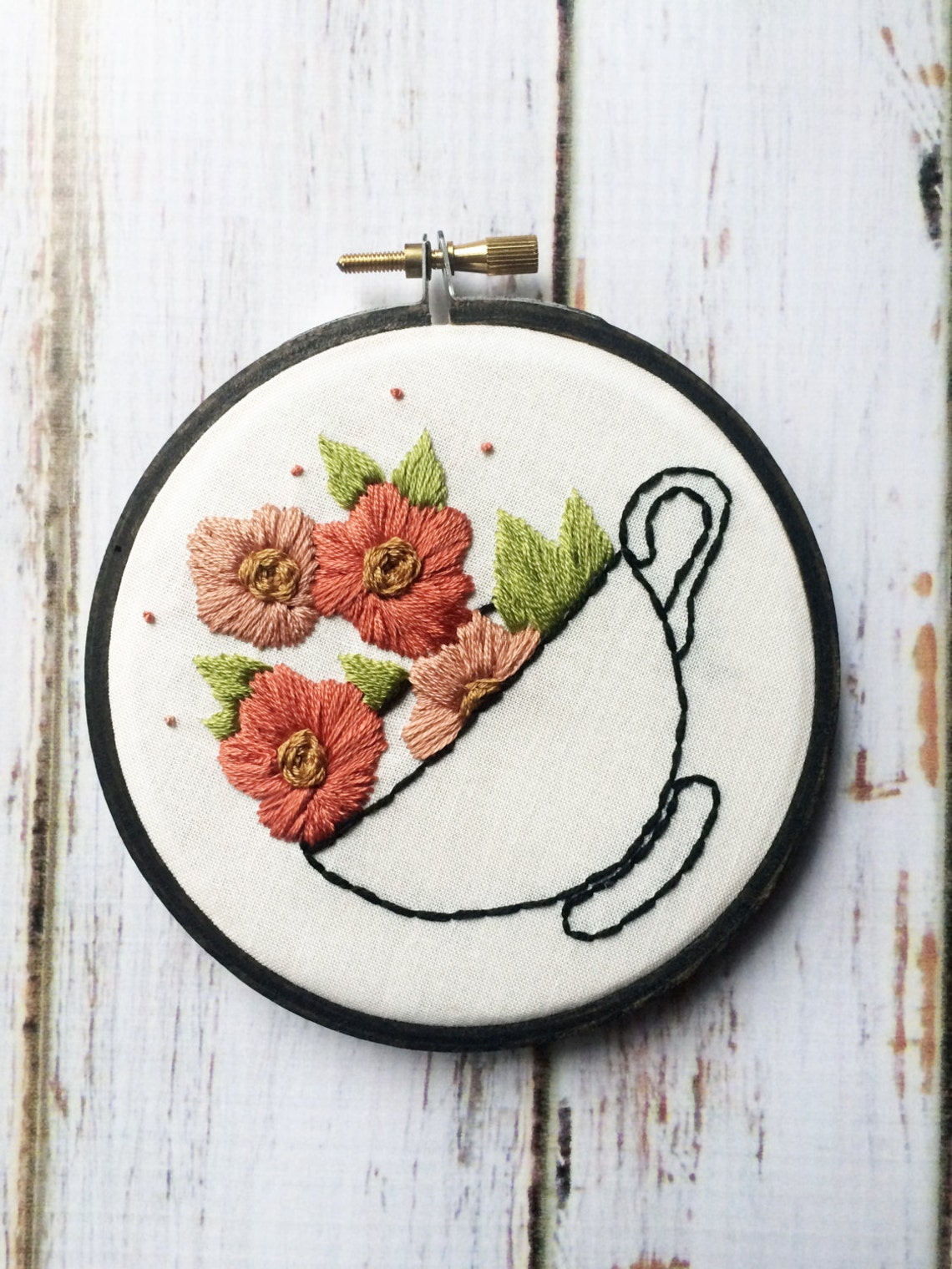 Embroidered tea cup sign with florals Hand Embroidery Tea | Etsy