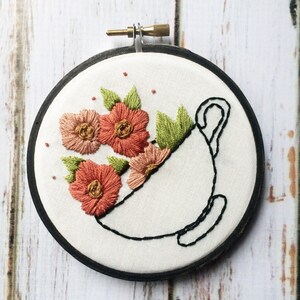 Embroidered Tea Cup Sign With Florals, Hand Embroidery Tea Art, Tea ...
