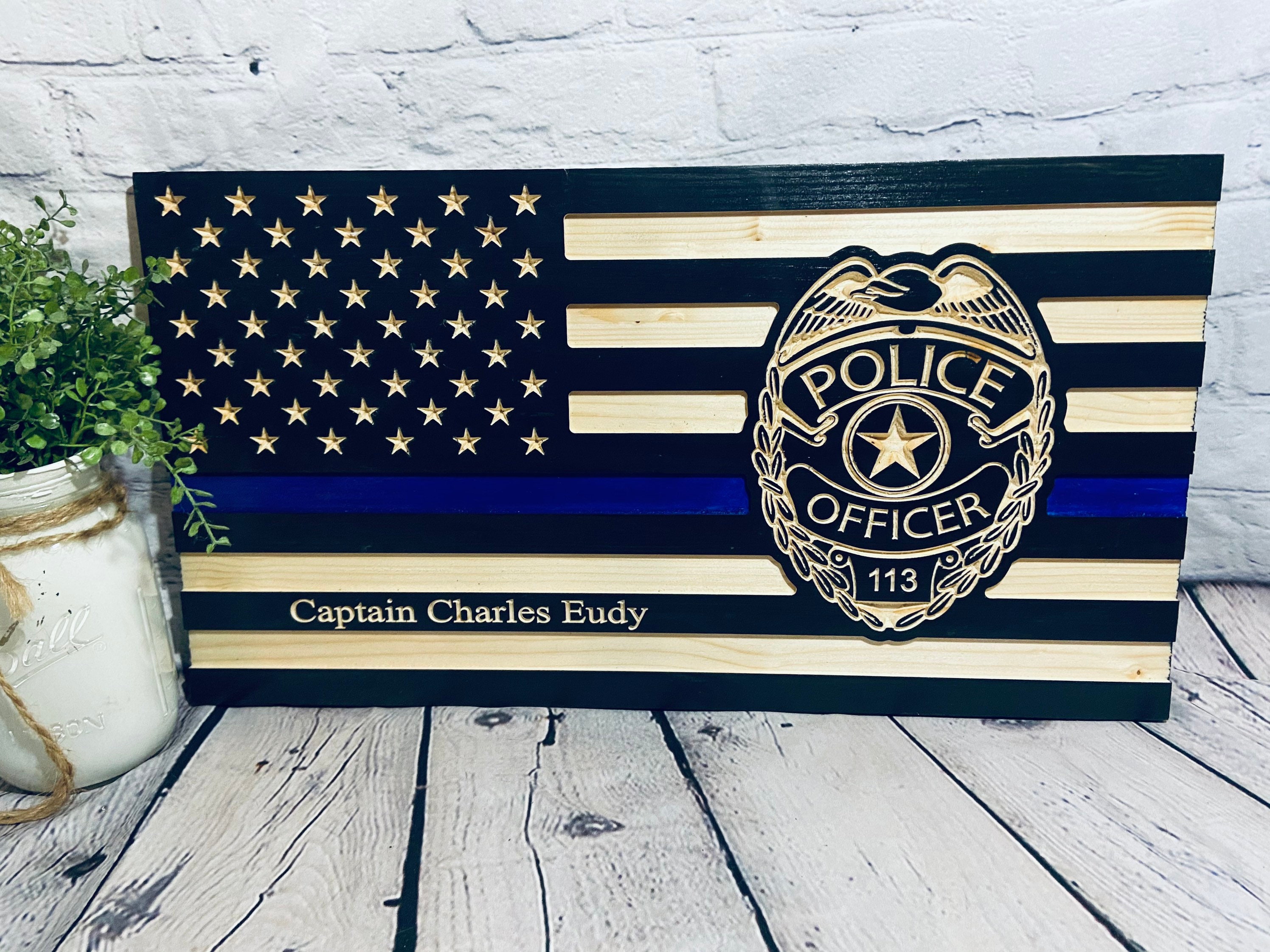 Wood engraved personalized police flag | Etsy