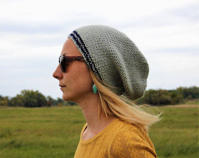 Gray Blue Striped Slouchy Beanie Hat / Cute Hand Knit Fall Winter Hat ...